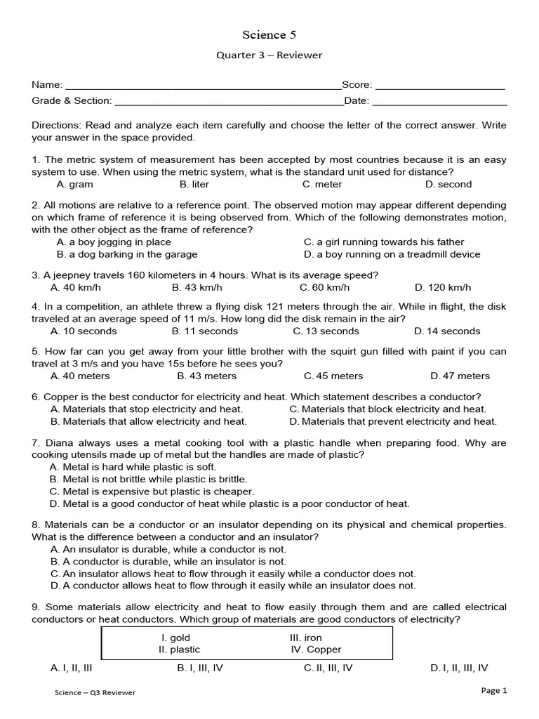 Science Q3 Review Questions and Answers | PDF | Electrical Conductor ...