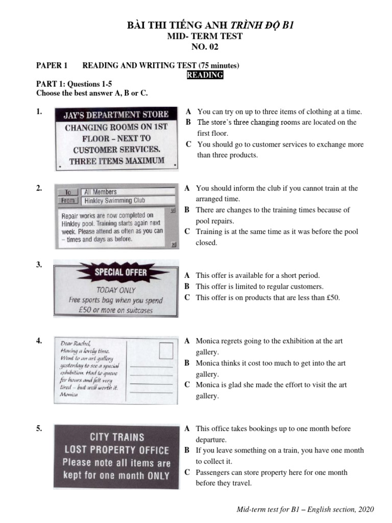 BÀI THI TIẾNG ANH TRÌNH ĐỘ B1 KHUNG CHÂU ÂU- MID-TERM TEST - BM - 02 ...