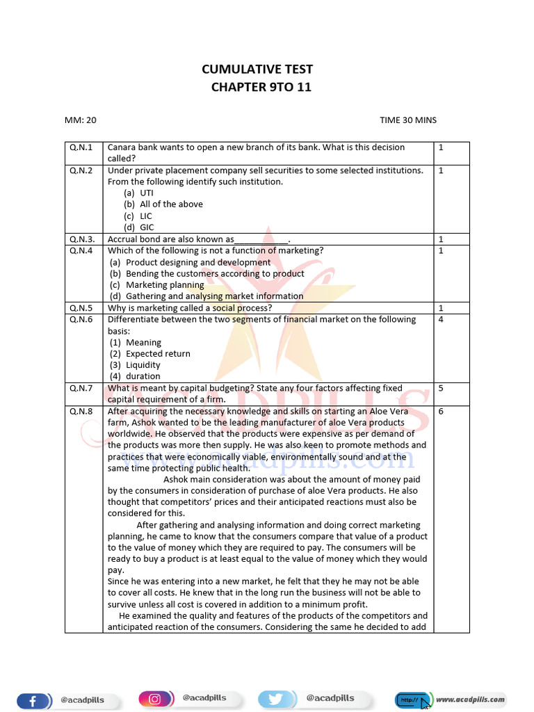 Cumulative Class Test B.STD Class Xii Chapter 9-11 | PDF | Marketing ...