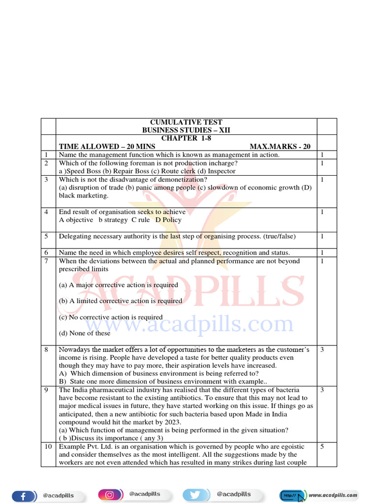 Cumulative Class Test B.STD Class Xii Chapter 1-8 | PDF | Social ...