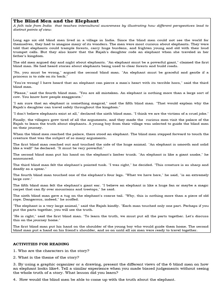 The Blind Men and The Elephant Shortened | PDF | Elephant