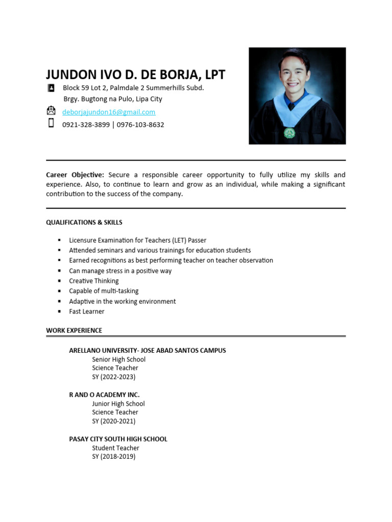 LET Passer Resume of Jundon Ivo De Borja | PDF | Teachers | Behavior ...
