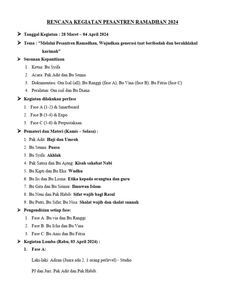 Rencana Kegiatan Pesantren Ramadhan 2024 | PDF