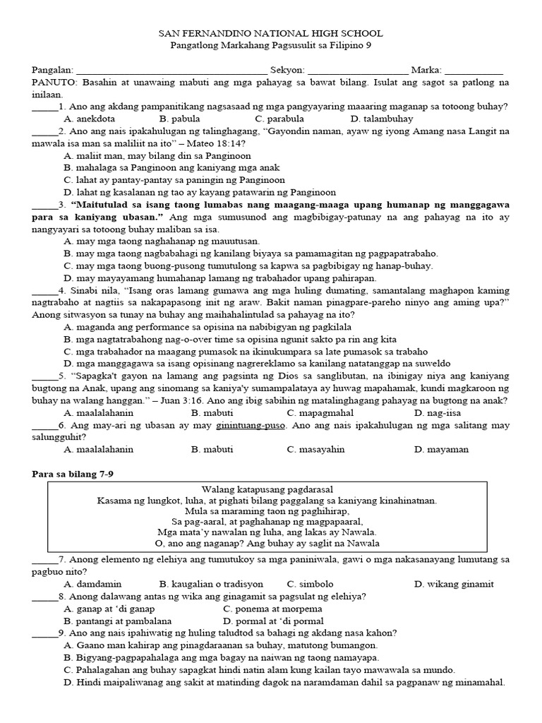 Test Questions Filipino 9 | PDF