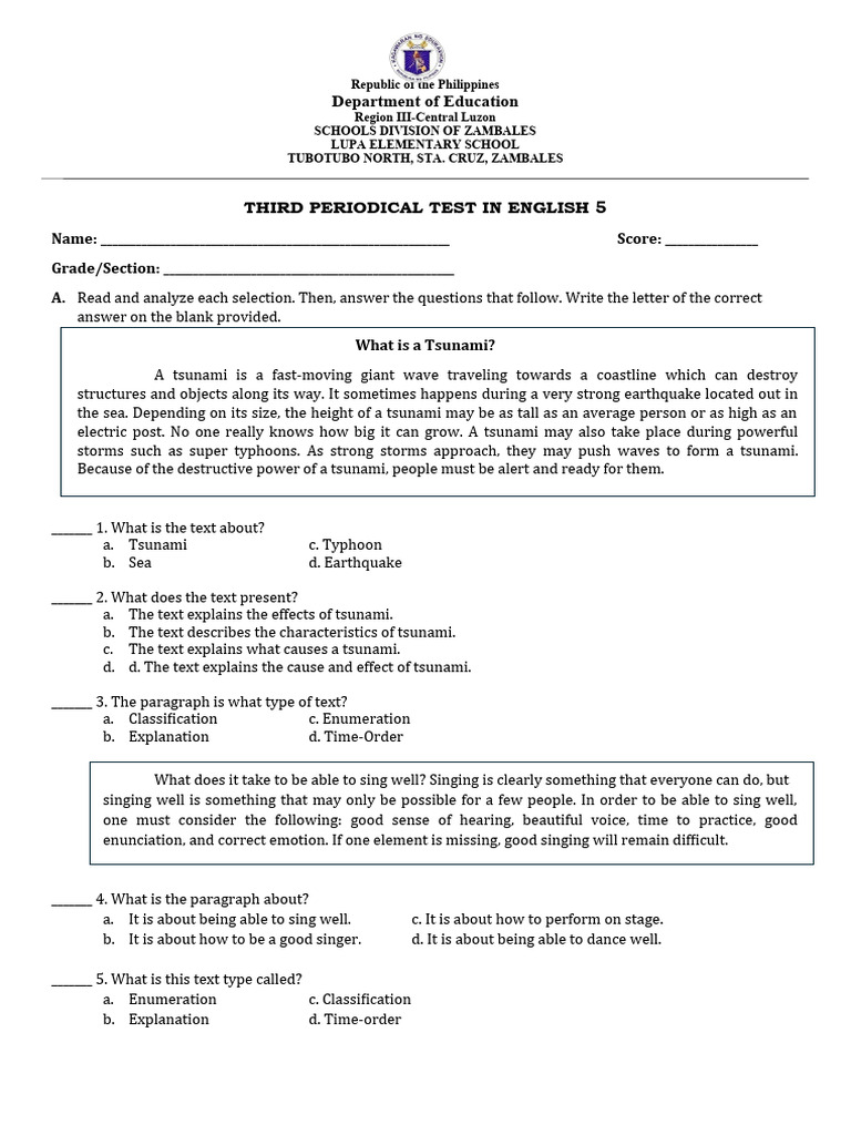 3rd QUARTER TEST - ENGLISH GRADE 5 | PDF | Tsunami | Foods