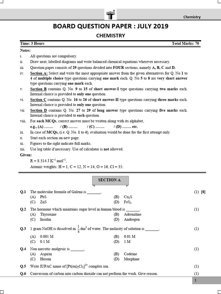 Chemistry July 2019 STD 12th Science HSC Maharashtra Board Question ...