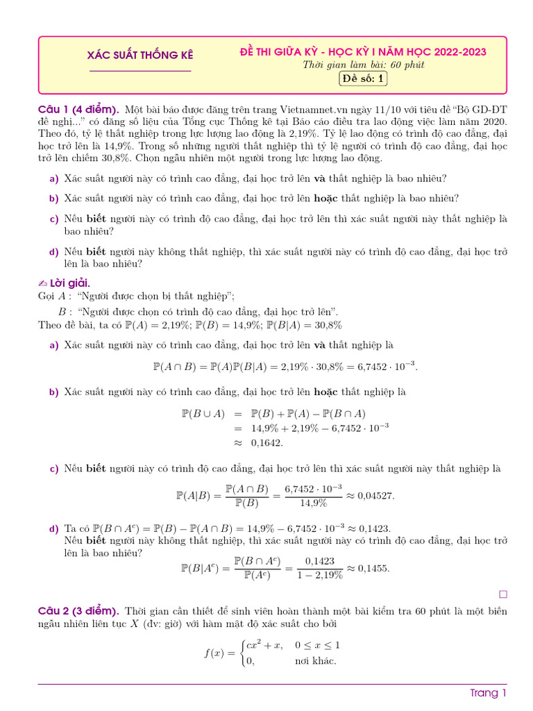 Đề thi GK môn XSTK các kỳ trước T3-2023 - Lời giải chi tiết | PDF
