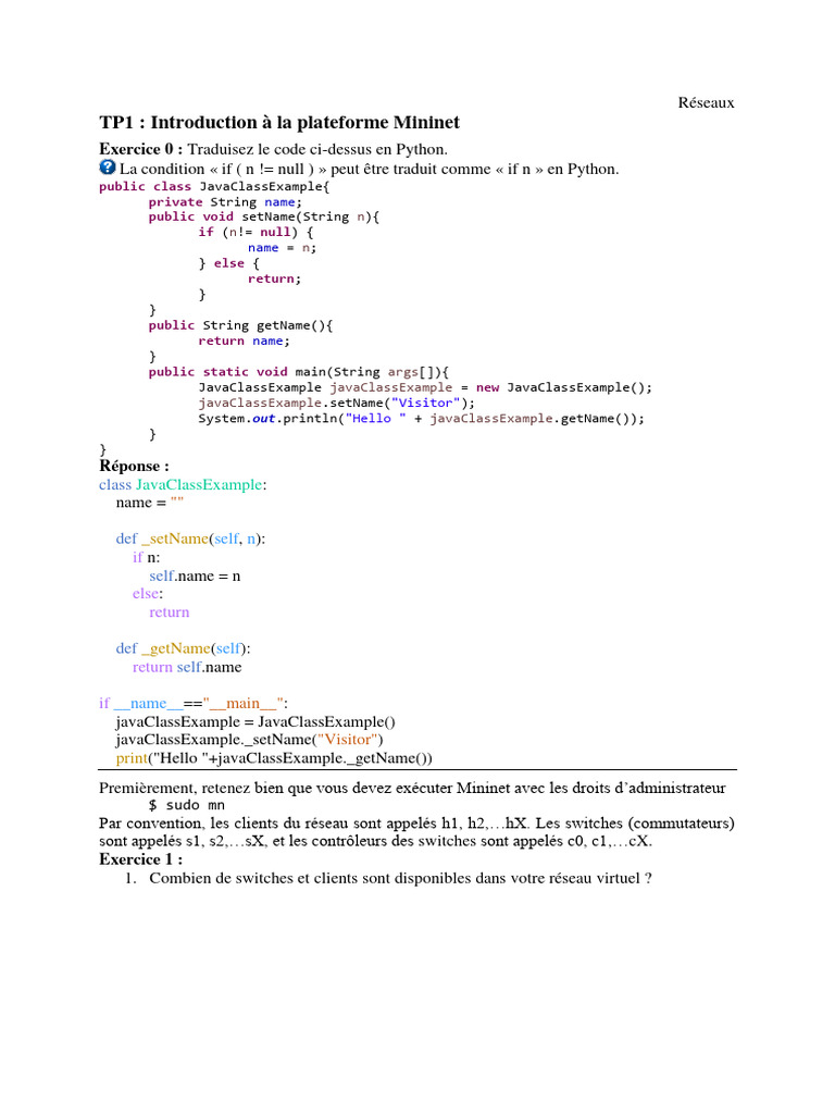 TP1-Introduction Plateforme Mininet | PDF | Informatique | Programmation informatique