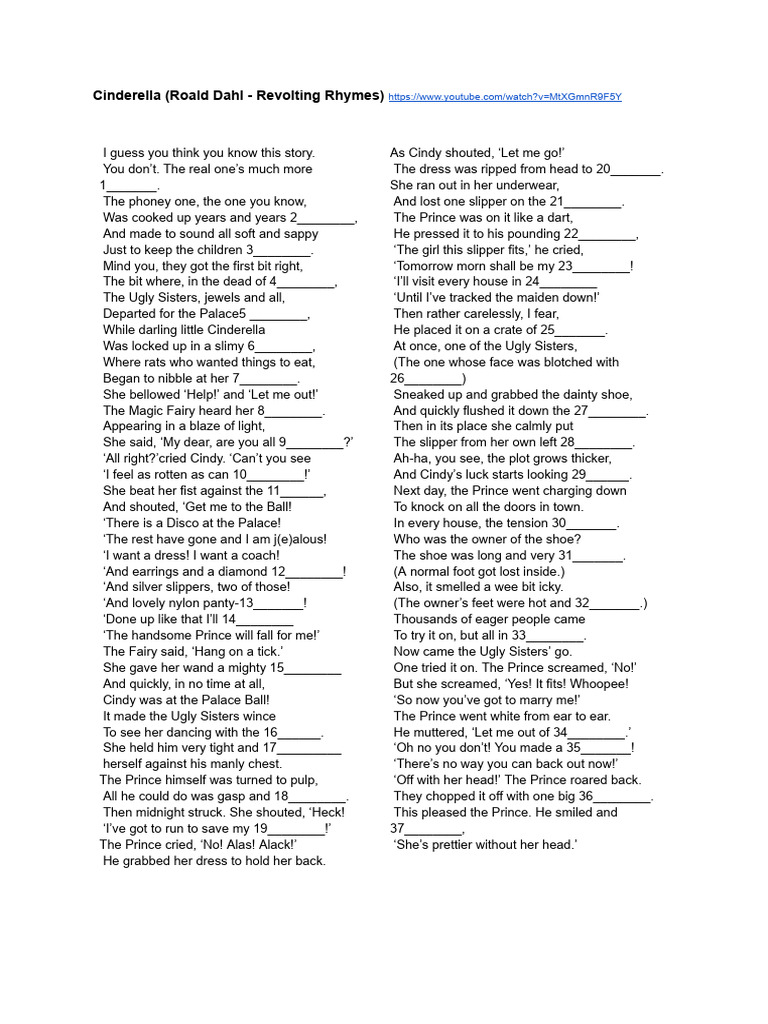 Task - Cinderella (Roald Dahl - Revolting Rhymes) | Download Free PDF ...