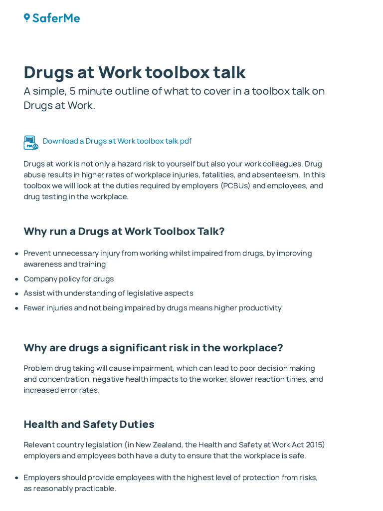 Drugs at Work Toolbox Talk | PDF | Occupational Safety And Health ...