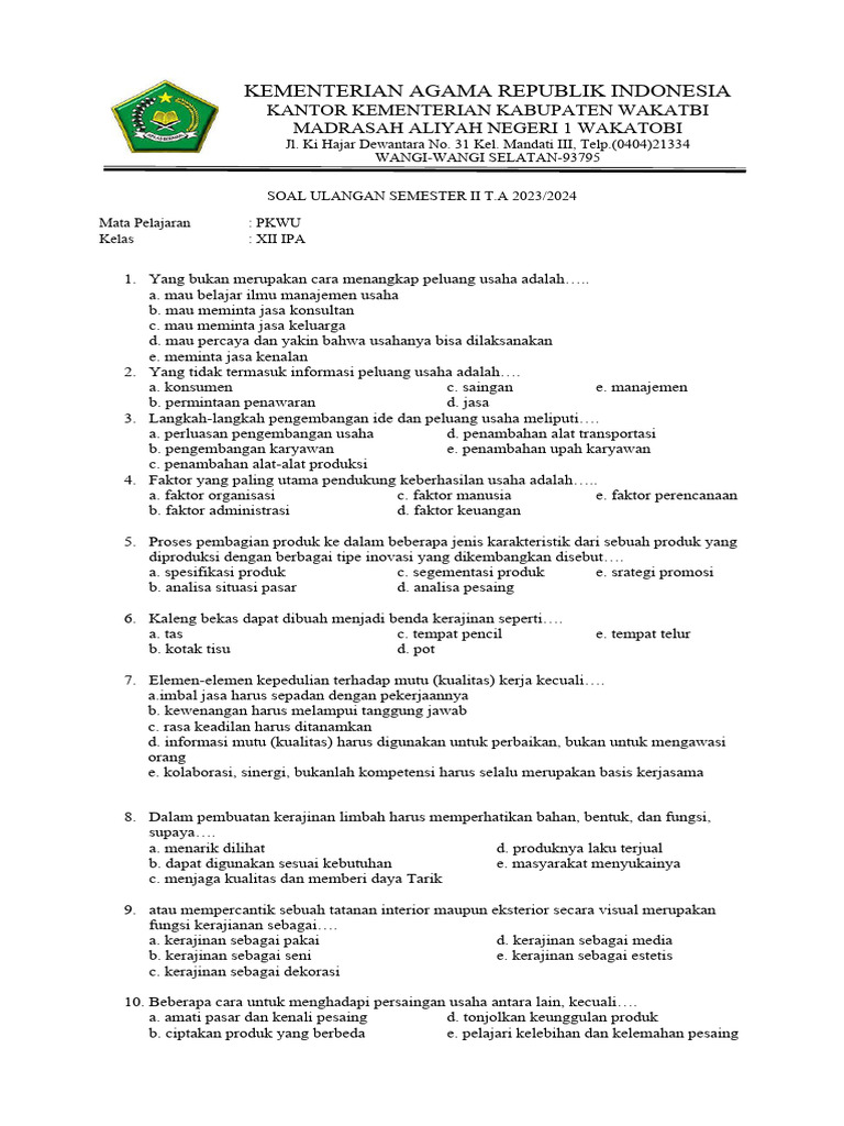 Soal Pkwu Xii Ipa | PDF