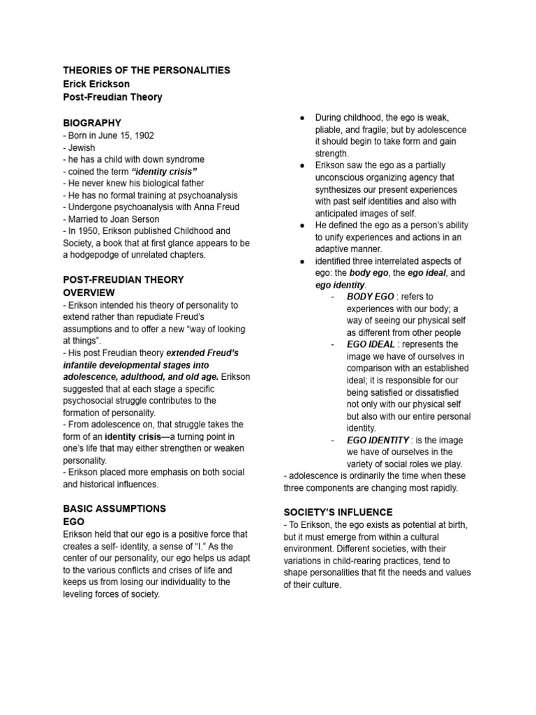 T.O.P. Erik - Erickson Post Freudian Theory Notes | PDF | Identity ...