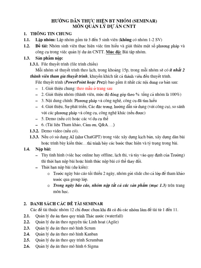 Huong Dan Lam BT Nhom (Seminar) - QLDA | PDF