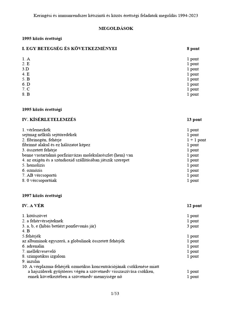 Keringesi Es Immunrendszer Ketszintu Es Kozos Erettsegi Feladatok 1994 2020 Megoldasok | PDF