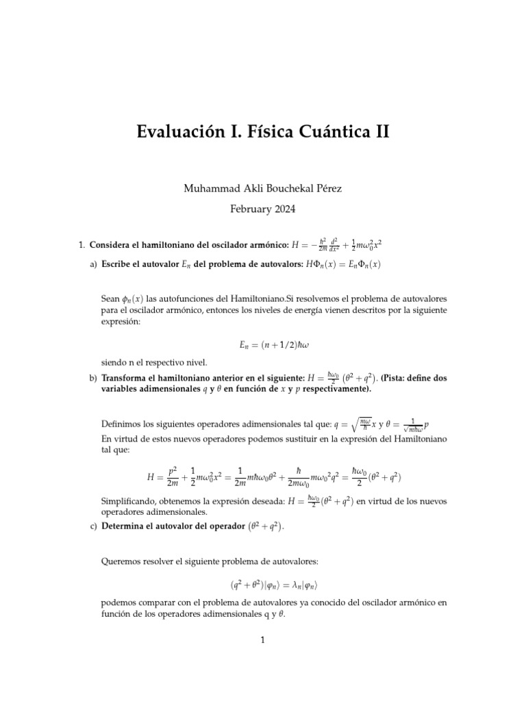 Evaluación de Física Cuántica: Oscilador Armónico | PDF | Hamiltoniano ...