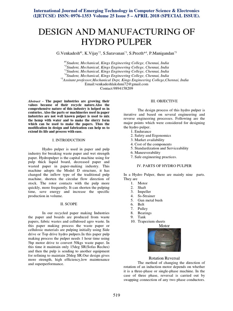 Design and Manufacturing of Hydro Pulper - 1604658130 | PDF | Belt ...