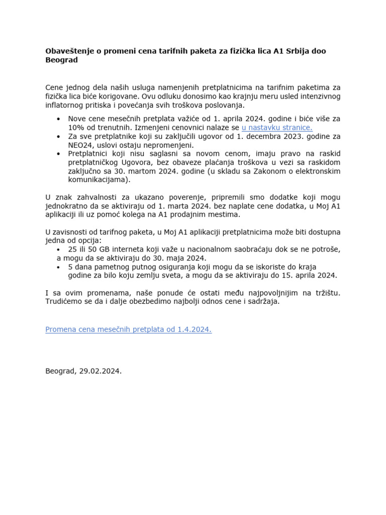 Obavestenje o Promeni Cena 2024 | PDF