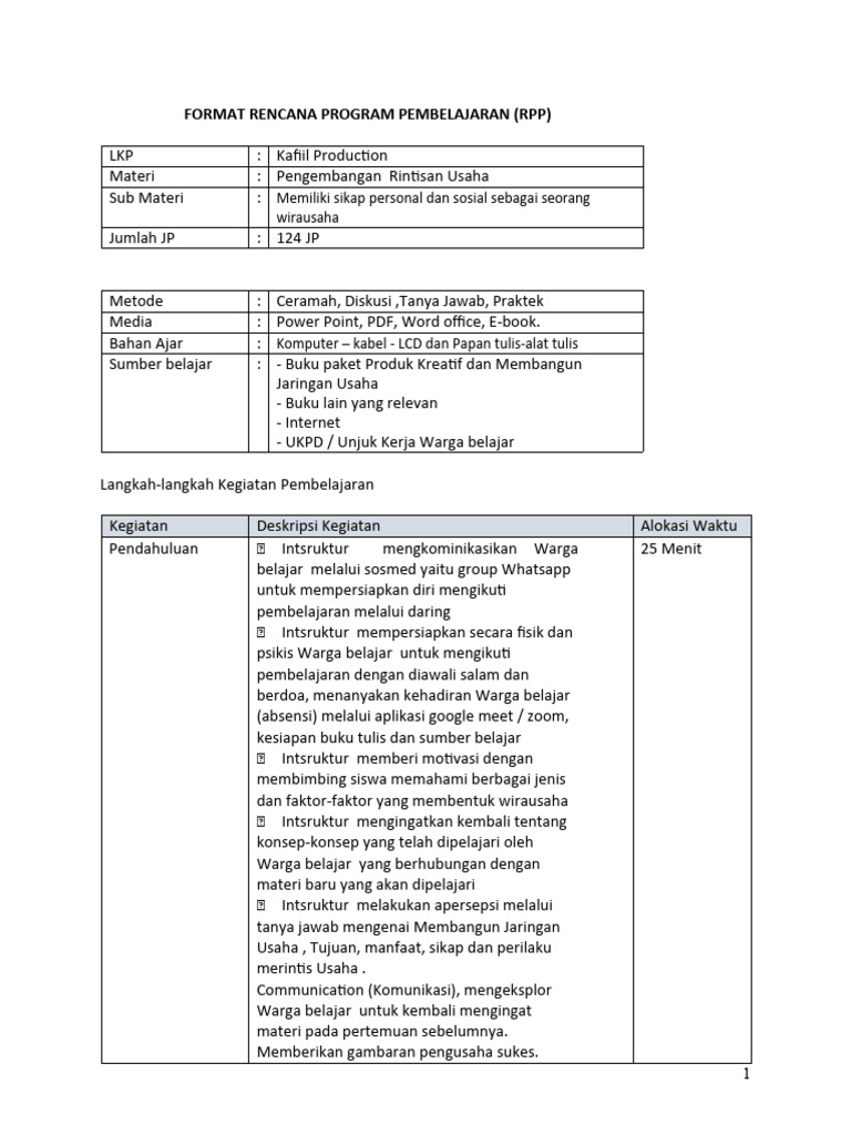 Rencana Program Pembelajaran Wirausaha | PDF | Seni