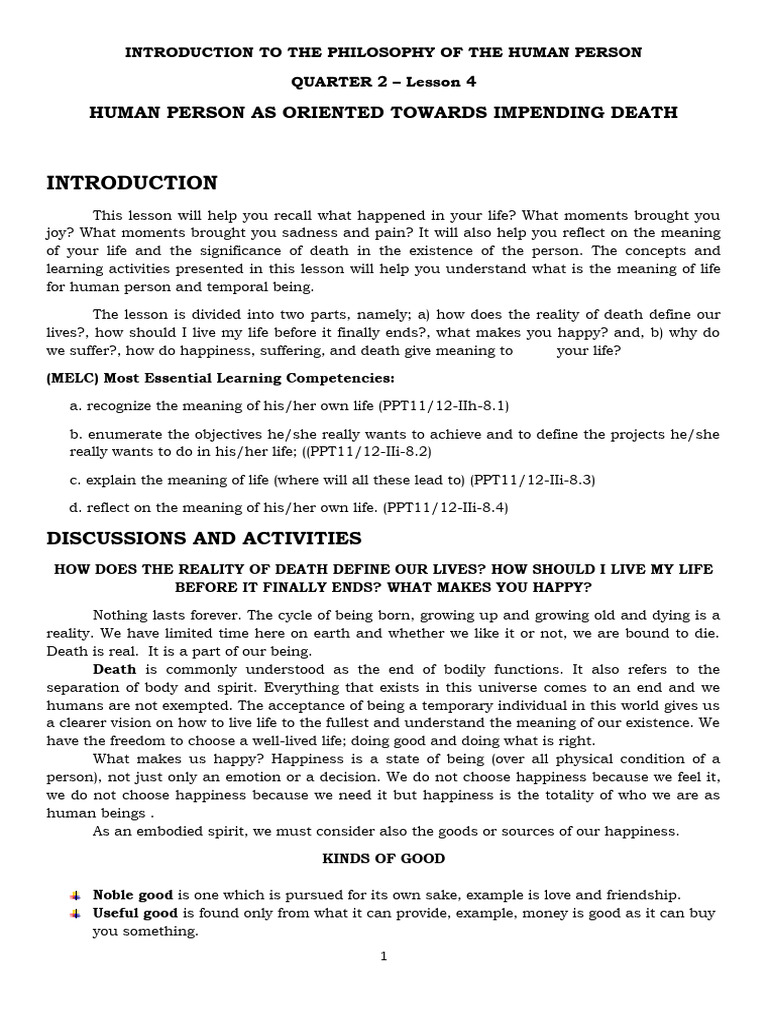 Philosophy Quarter-2 Lesson-4 | PDF | Suffering | Happiness