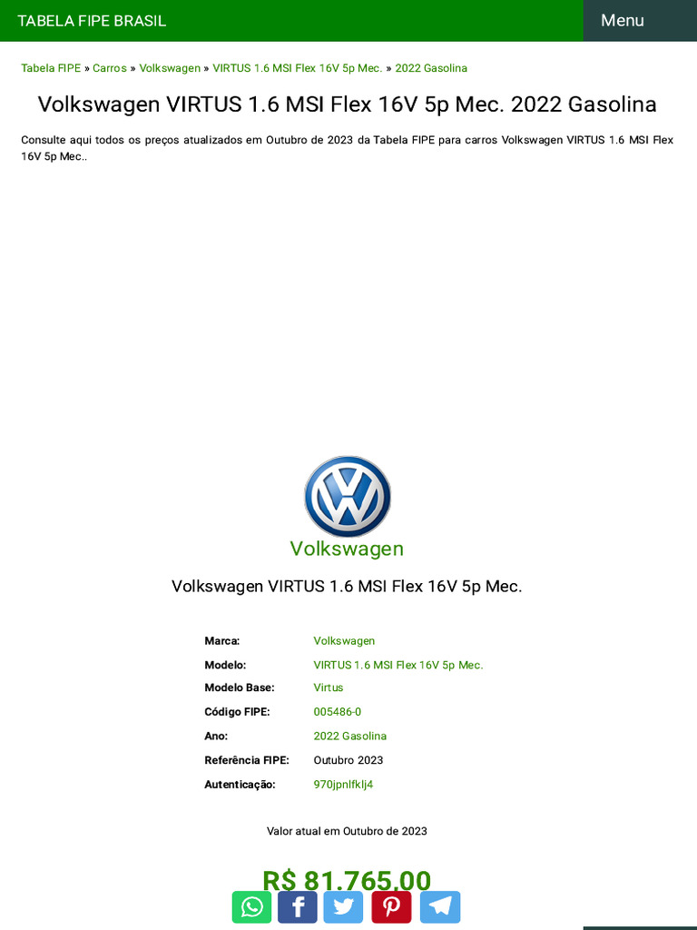 VW 2022 Valor Tabela Fipe 2022 | PDF | Carro | Renault