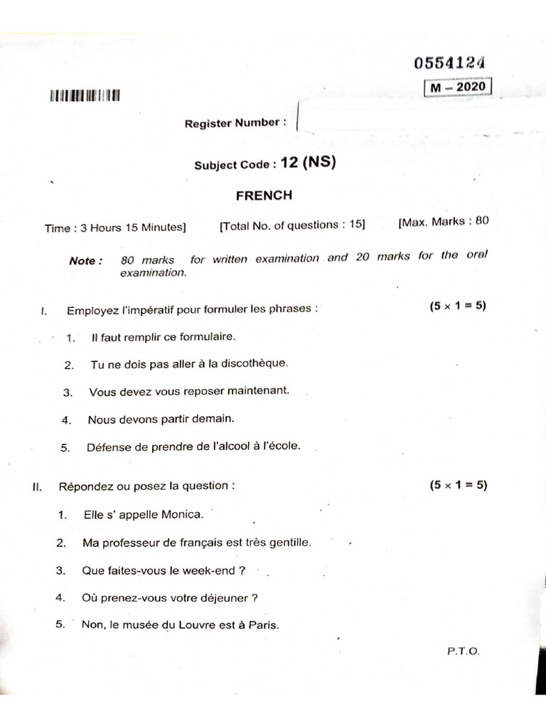 Past Paper II PUC French 2020 | PDF