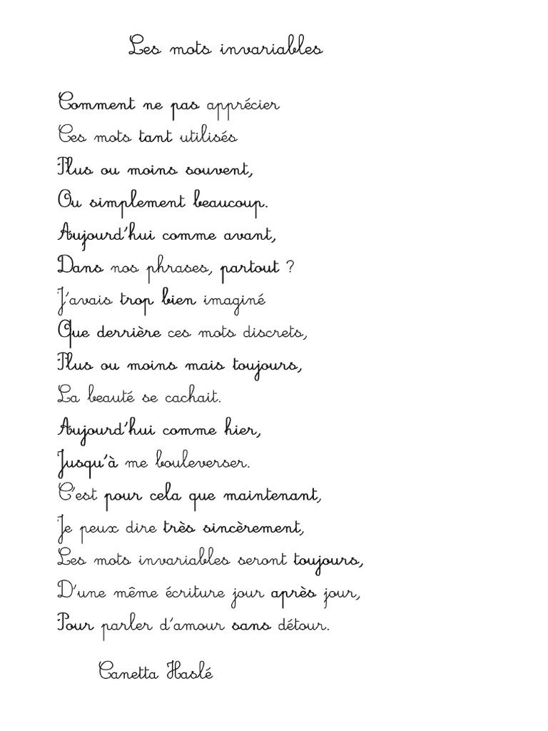 Poésie Les Mots Invariables | PDF