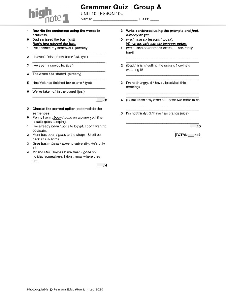 HighNote1 Grammar Quiz Unit10C GroupA | PDF