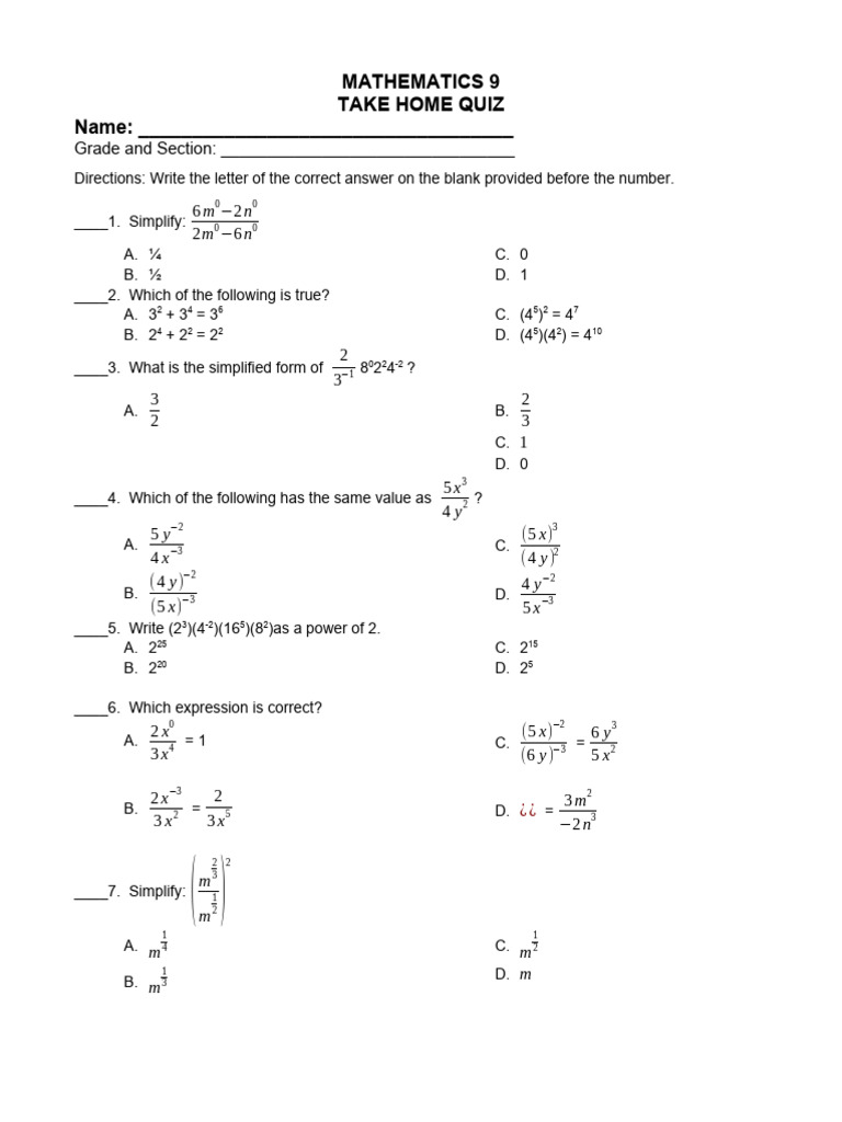 Grade 9 Math Exponents Quiz | PDF | Exponentiation | Numbers