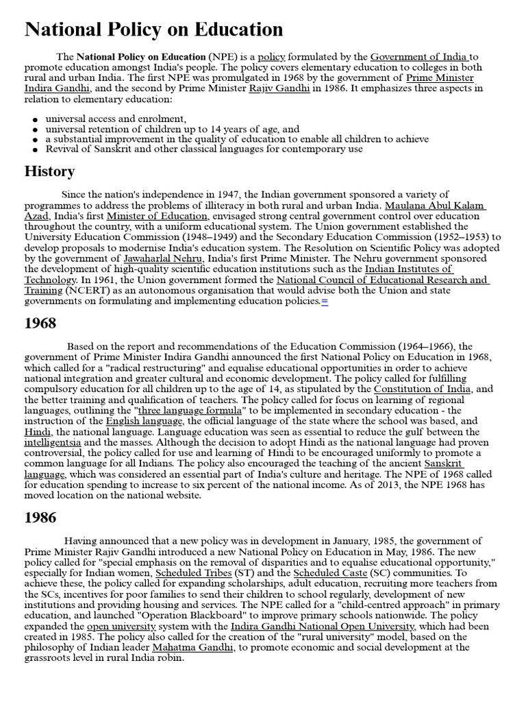 India’s National Policy on Education Overview | PDF
