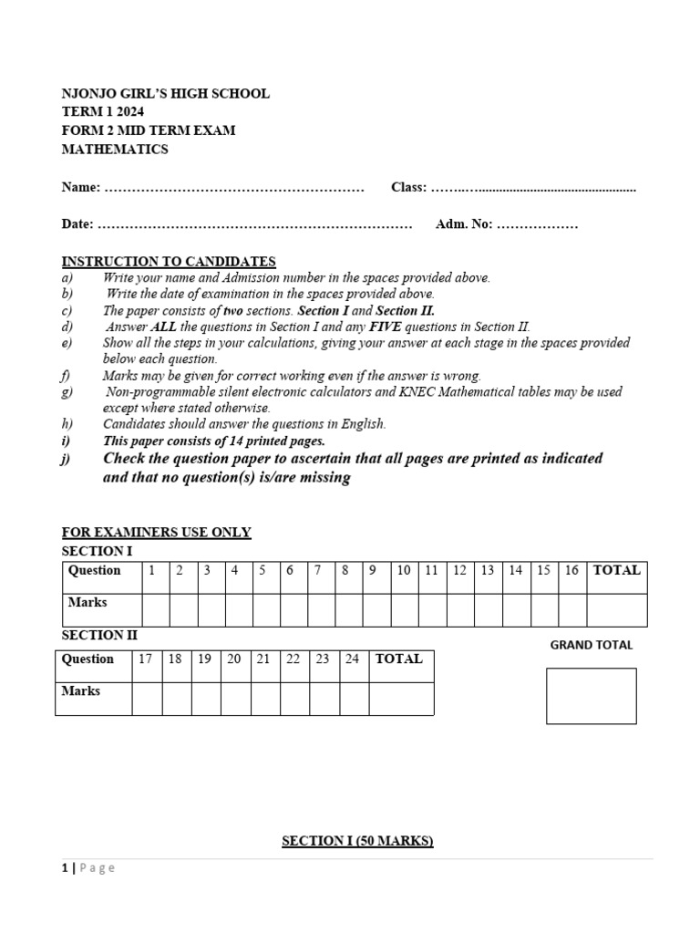FORM 2 MID TERM 1 EXAM | PDF | Mathematics
