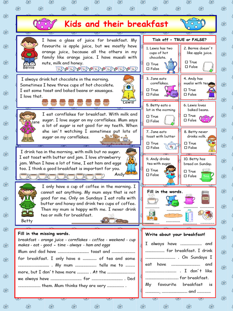 Kids and Their Breakfast Key Reading Comprehension Exercises - 33885 ...