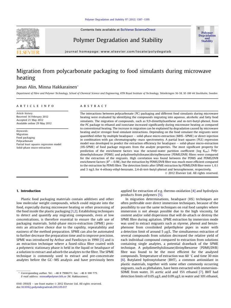 Migration From Polycarbonate Packaging To Food Simulants During ...