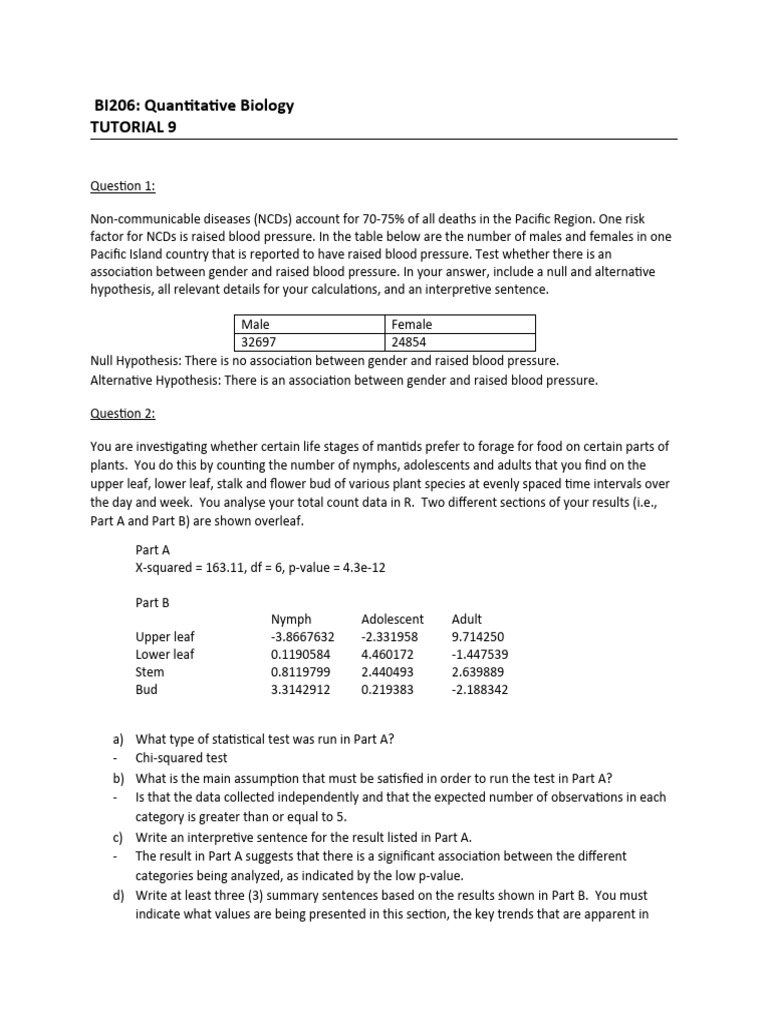 BI206 Tutorial 9 | PDF | P Value | Statistics