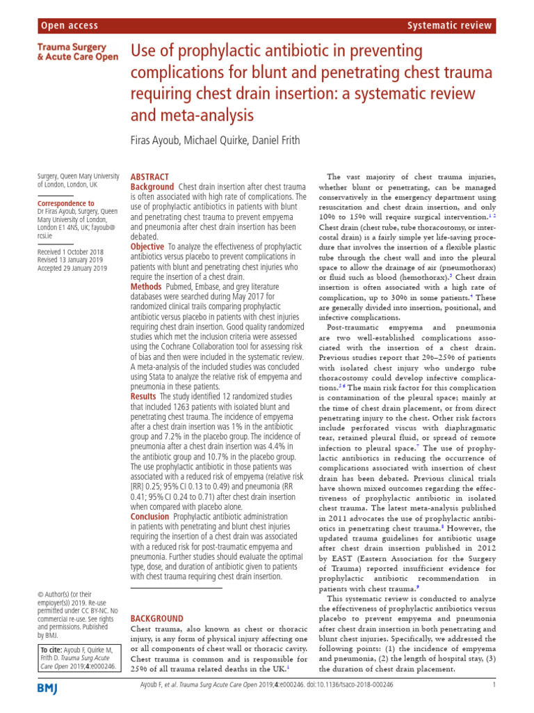 Use of Prophylactic Antibiotic in Preventing Complications For Blunt ...