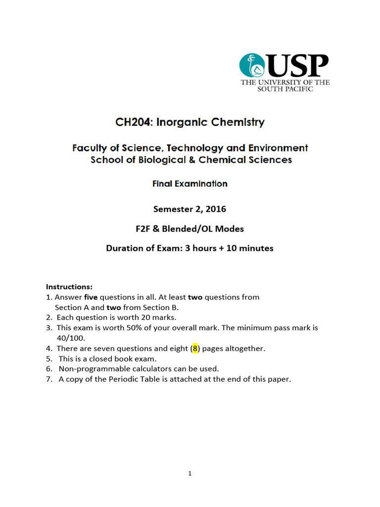 CH204 Final Exam - Answers | PDF