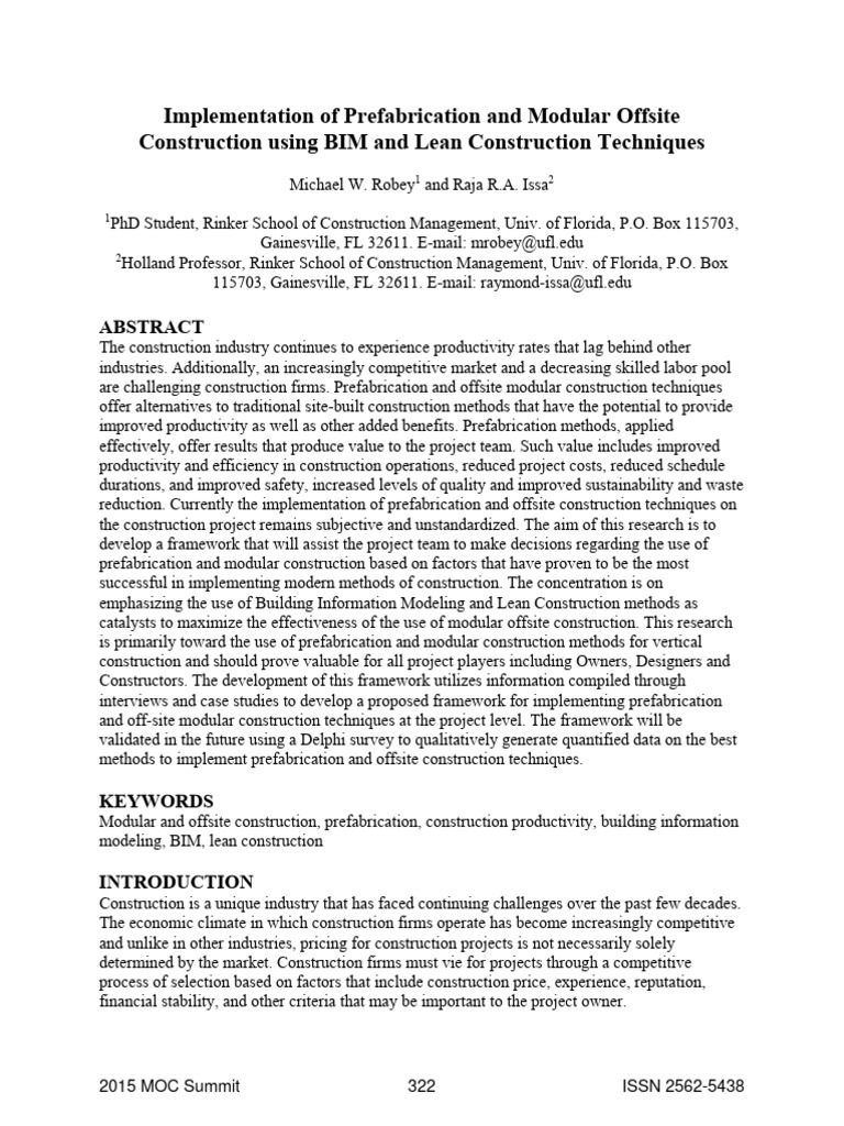 Implementation of Prefabrication and Modular Offsite Construction Using BIM and Lean ...