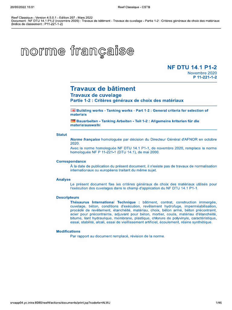 Reef Classique - CSTB - NF DTU 14.1 P1-2 | PDF