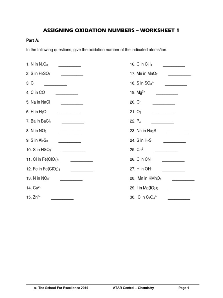 W VCE 2019 Chemistry Oxidation Numbers Worksheet 1 FINAL | PDF | Redox ...