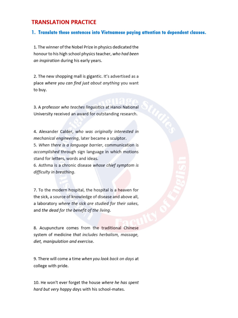 UNIT 5-TRANSLATION PRACTICE Mark | PDF