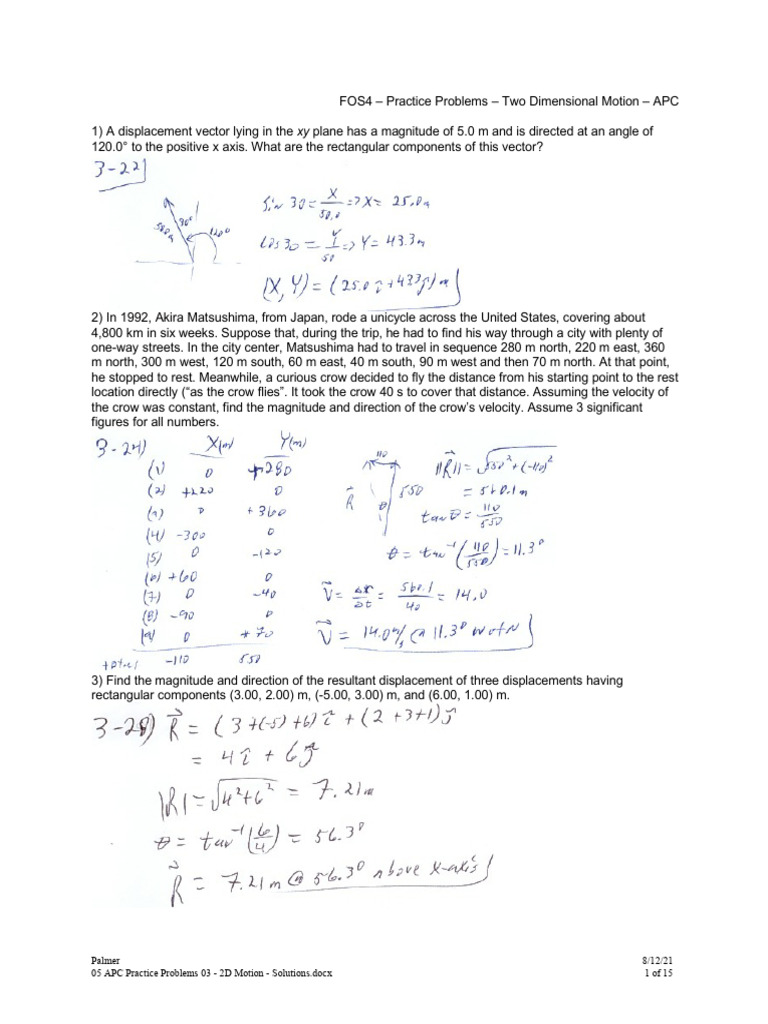 2D Motion Practice Problems Solutions | PDF | Euclidean Vector | Acceleration