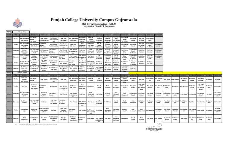 UCP Midterm Invigilation Schedule | PDF