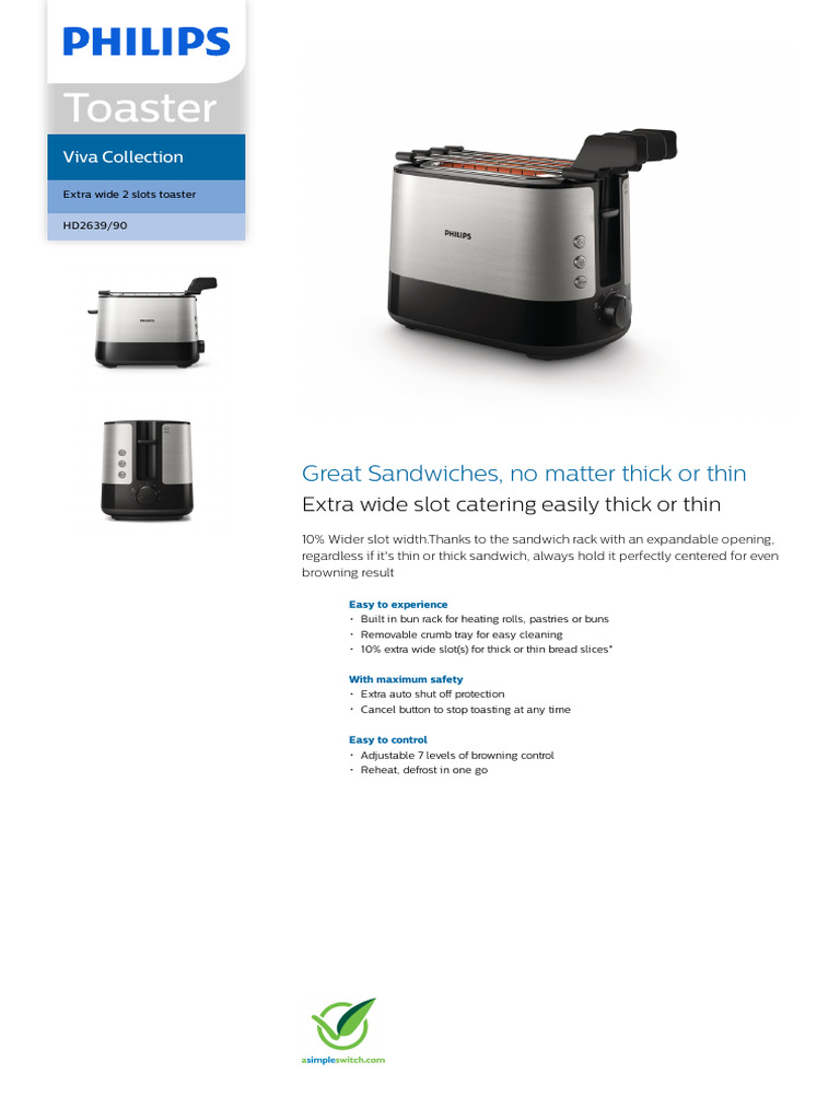 Philips Viva Collection Toaster HD2639 90 Product Sheet | PDF