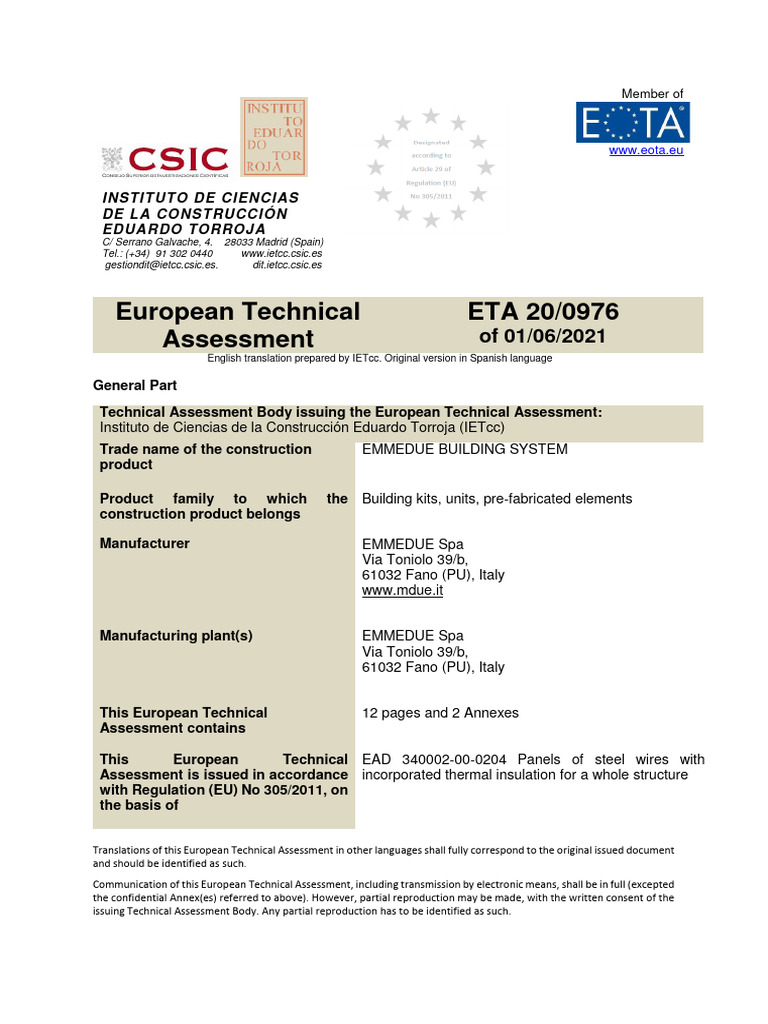 Eta 20-0976 - 2021!06!01 - Emmedue Building System | PDF | Concrete ...