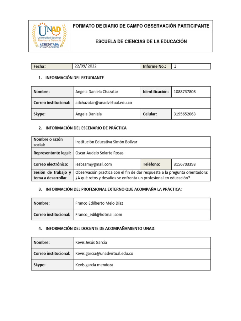 Anexo 1 - Diario de Observación Participante 1 Angela Chazatar | PDF ...