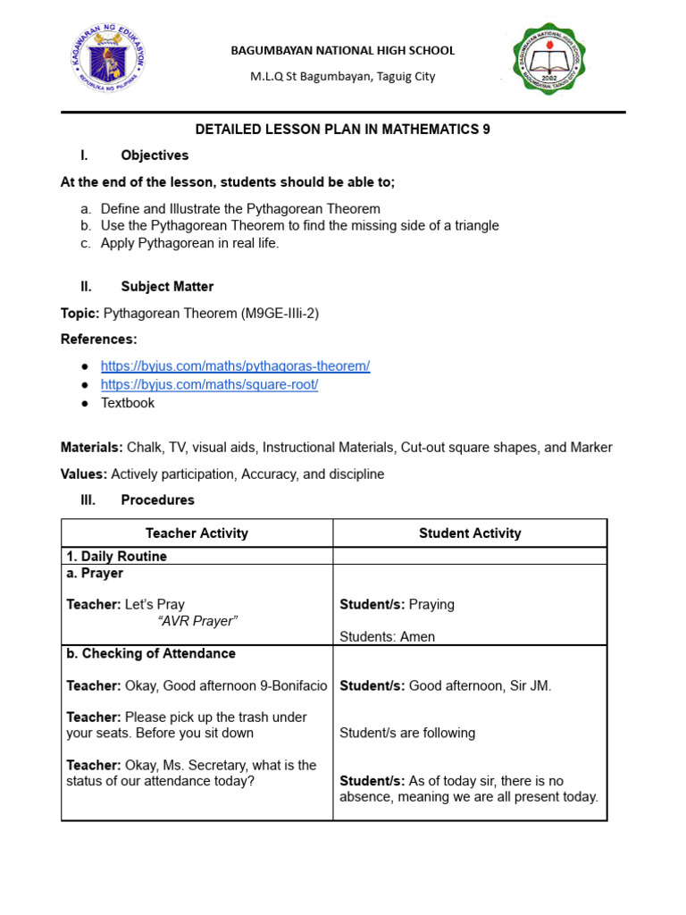 FTD Detailed Lesson Plan - Pythagorean Theorem | PDF | Euclidean Geometry | Triangle Geometry