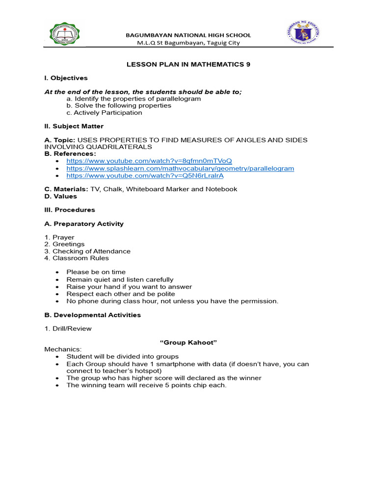 LESSON PLAN WEEK 2 | PDF | Angle | Equations