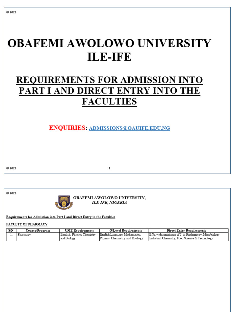 OAU ILE IFE Admission Requiremants Into Part 1 and DE For Faculties 1 | PDF | Engineering | Science