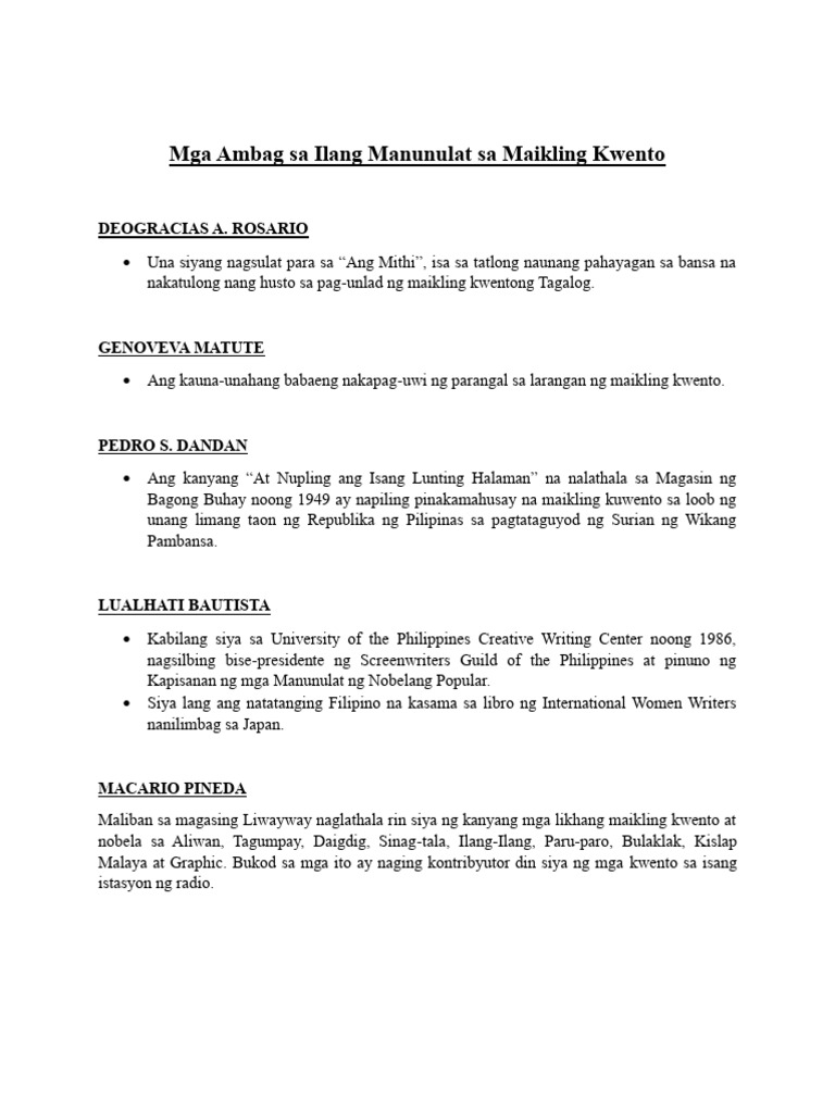 Mga Ambag NG Ilang Manunulat Sa Maikling Kwento | PDF Mga Ambag NG Ilang Manunulat Sa Maikling Kwento | PDF