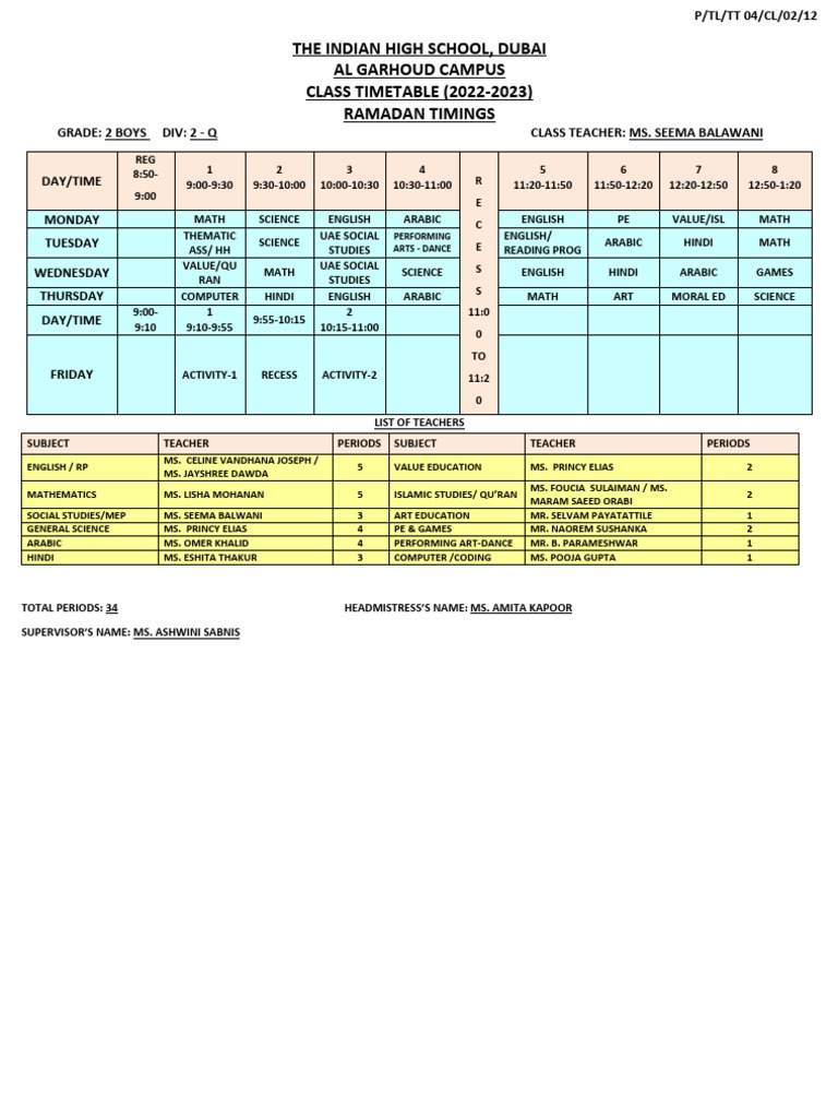 The Indian High School, Dubai Al Garhoud Campus CLASS TIMETABLE (2022-2023) Ramadan Timings ...