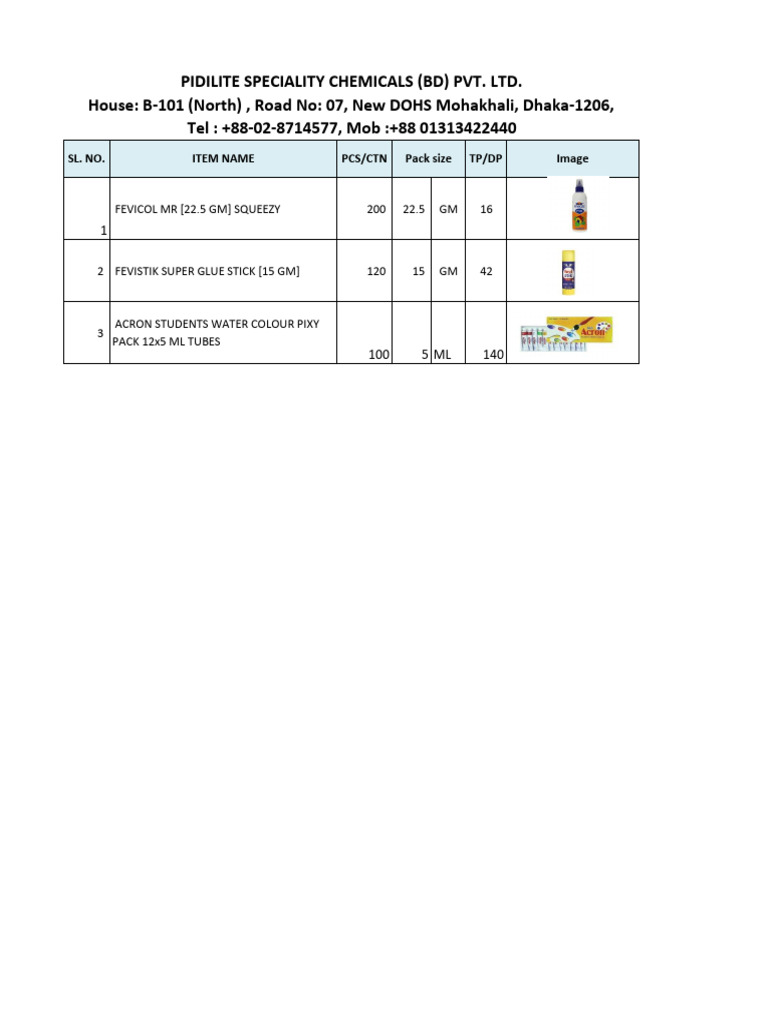 Pidilite-ASF New Price List - SUPL | PDF